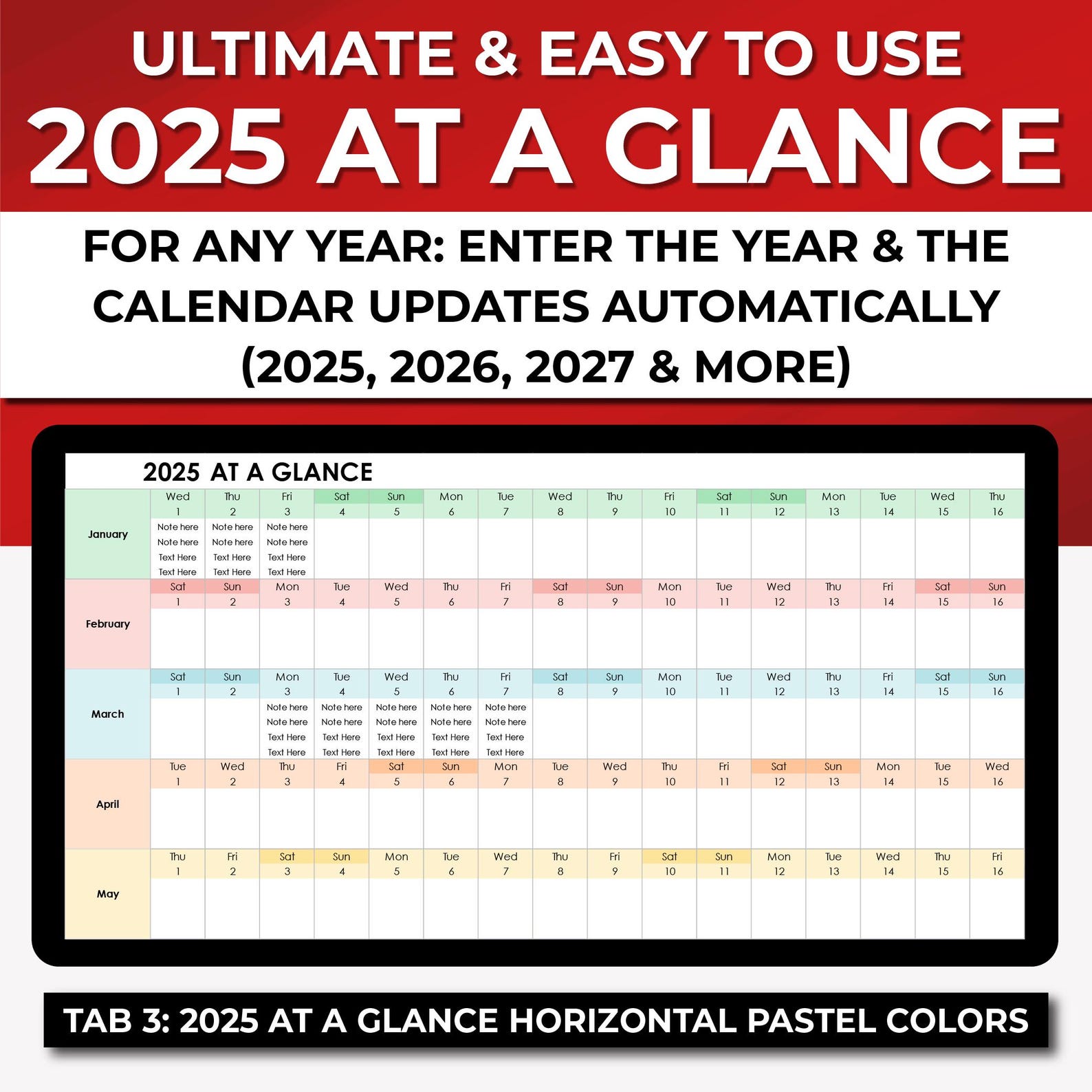 2025 at a Glance | Google Sheets & Exceñyearly Calendar Template ...