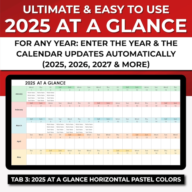 2025 at a Glance | Google Sheets & Exceñyearly Calendar Template ...