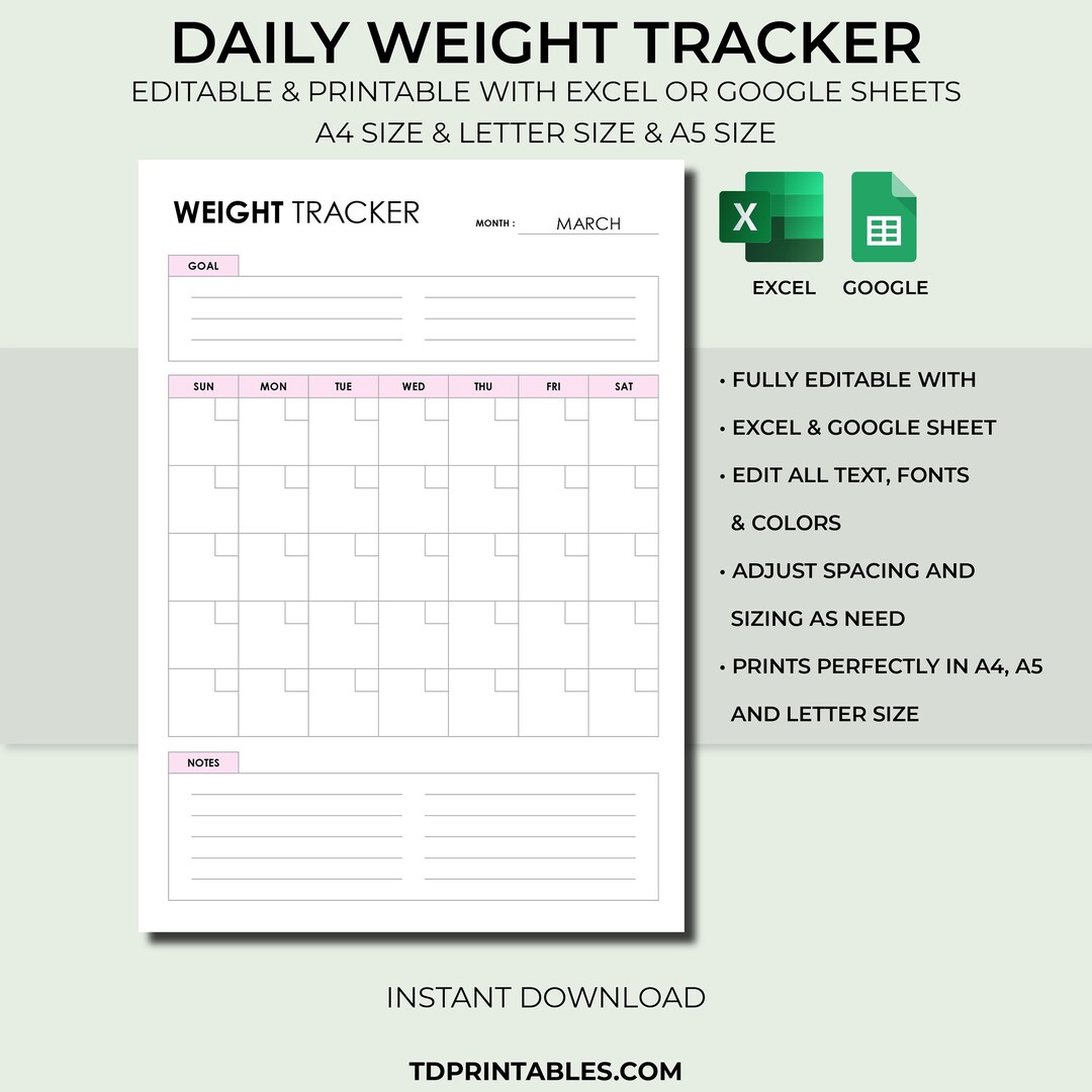 Editable & Printable Daily Weight Tracker,weight Loss Tracker,weight ...