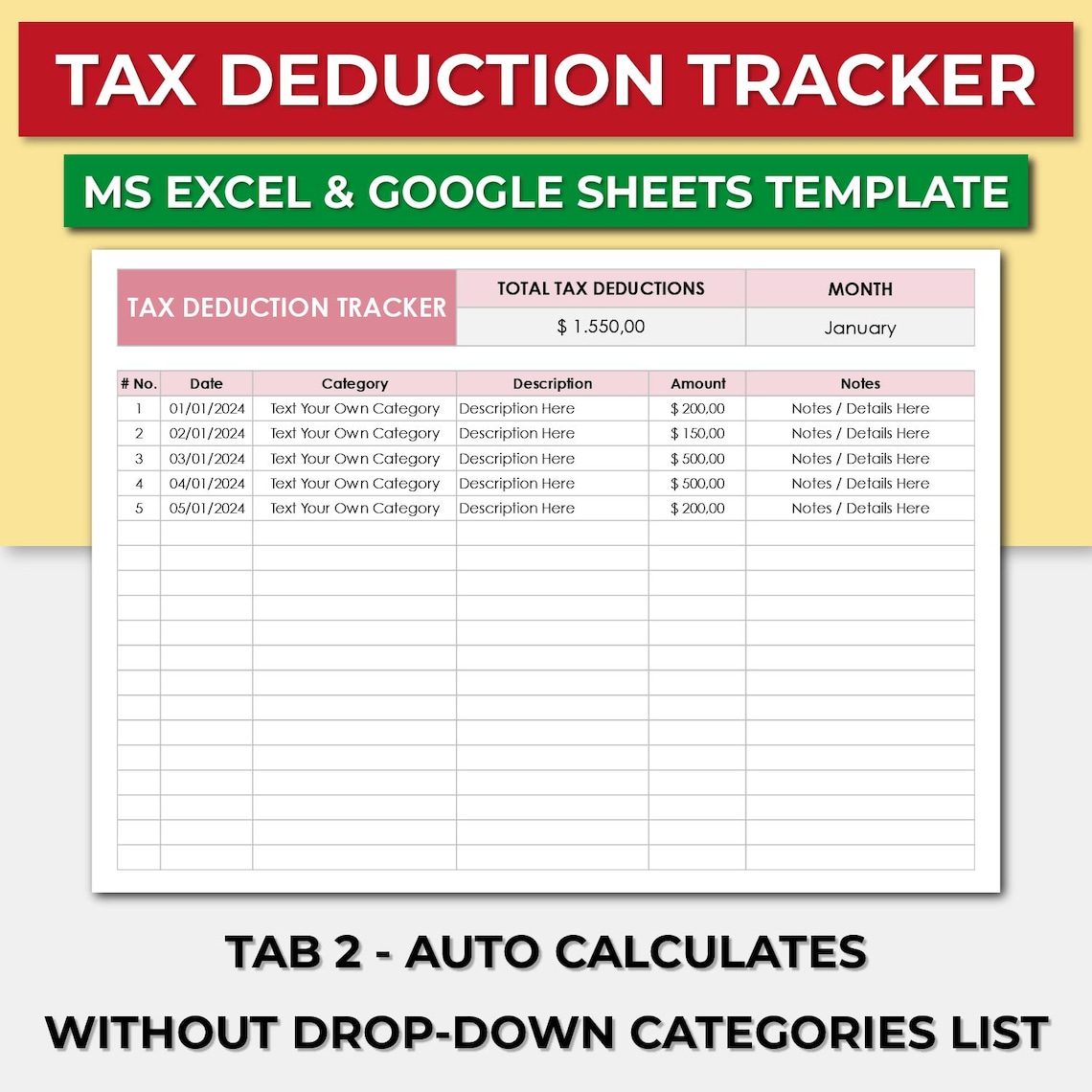 Tax Deduction Tracker Spreadsheet Template. Small Business Tax ...