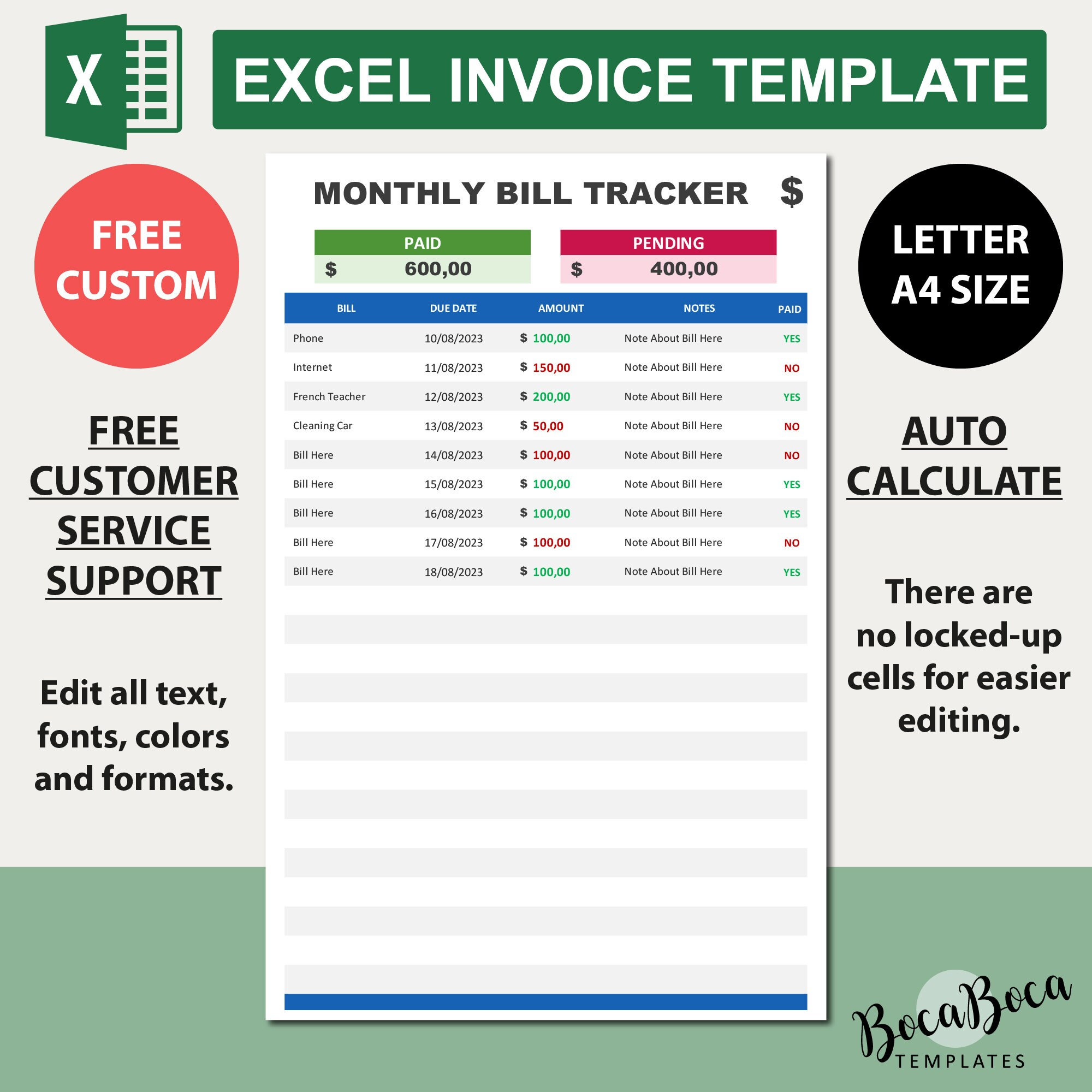 Excel Bill Spreadsheet,bill Payment Tracker,excel Bill Tracker,bill ...