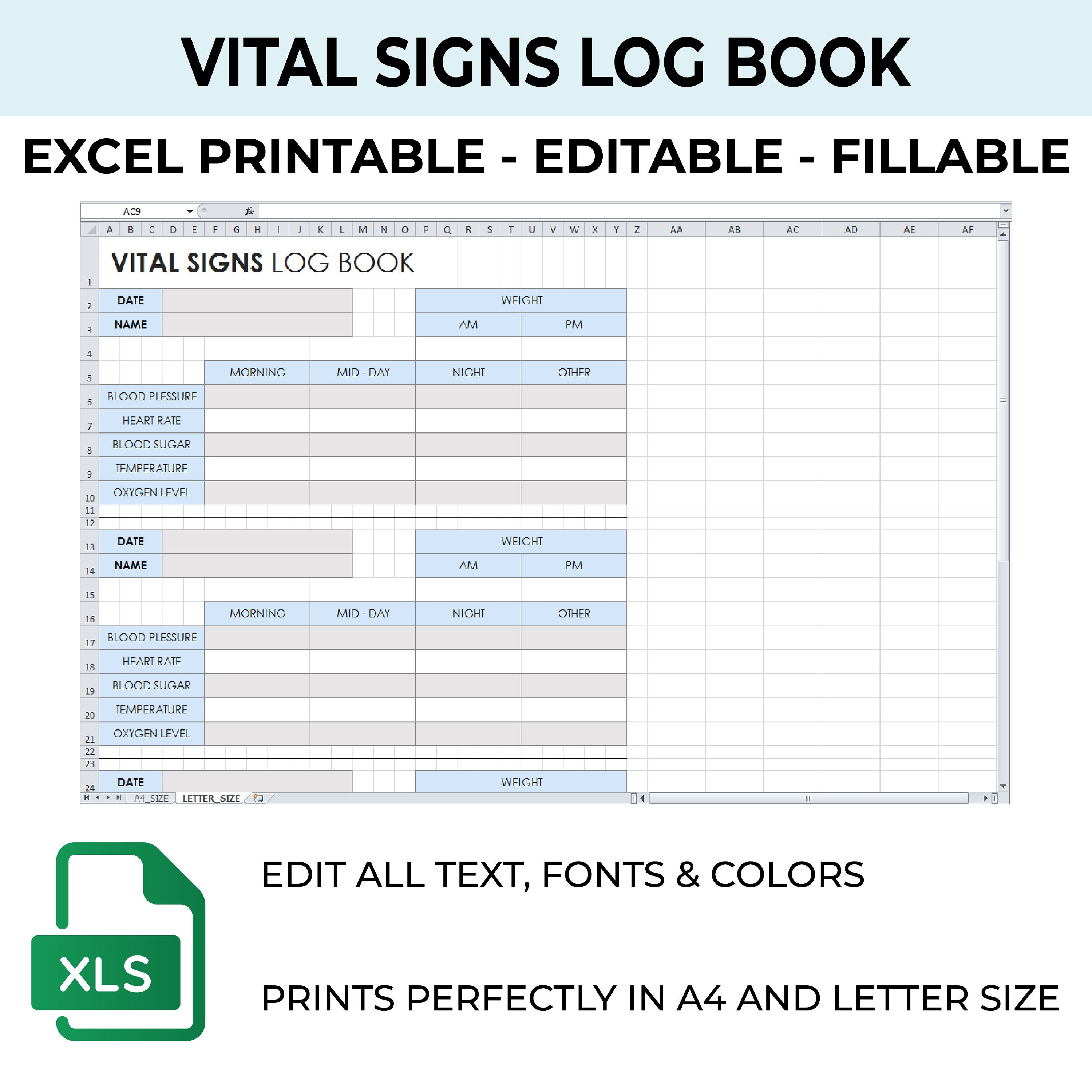 Editable Printable Vital Signs Log, Vital Sign Sheet, Vital Signs ...