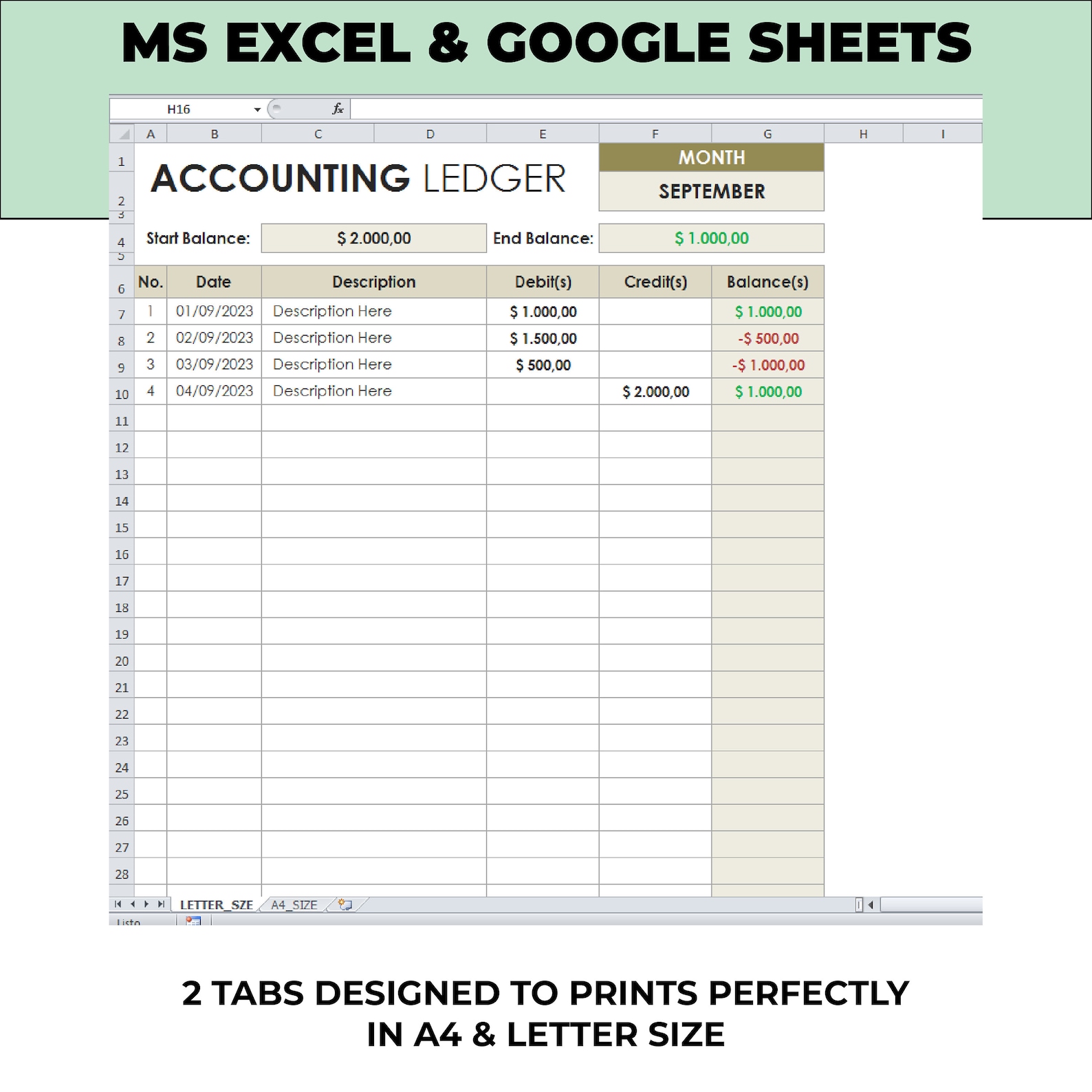 EXCEL Spreadsheet Template: Printable Accounting, Expense Tracker ...