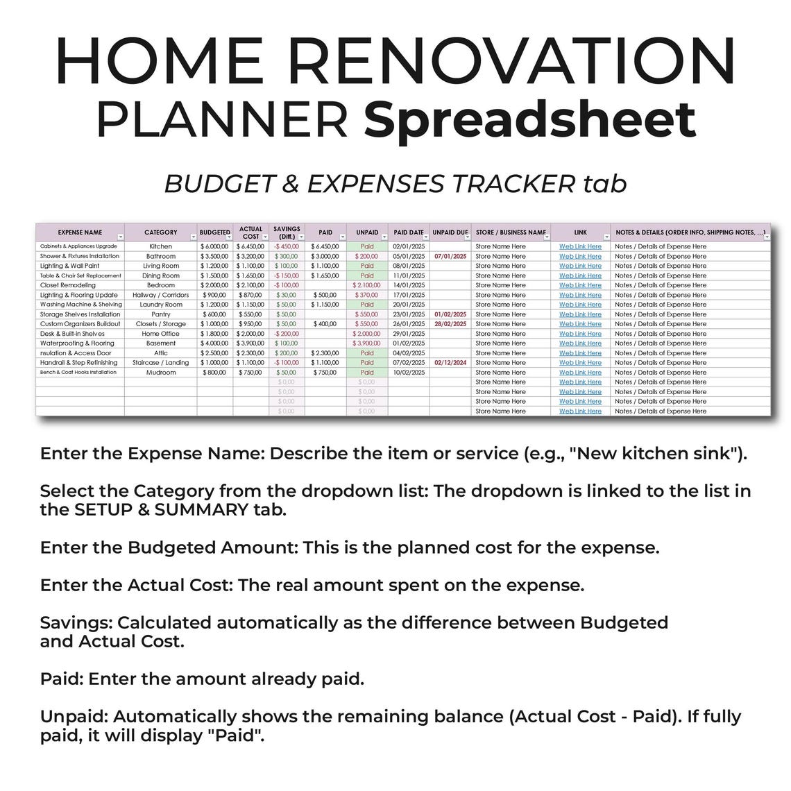 Home Renovation Cost Planner Spreadsheet Template, Home Improvement ...