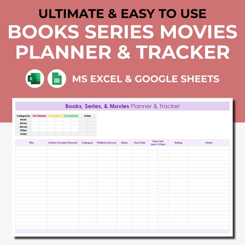 Books Series & Movies Planner Tracker Spredsheet Template, Excel Google ...