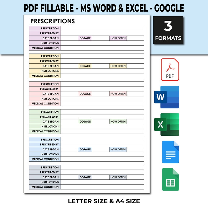 Prescription Log Digital Printable, Prescription Log, Prescription ...
