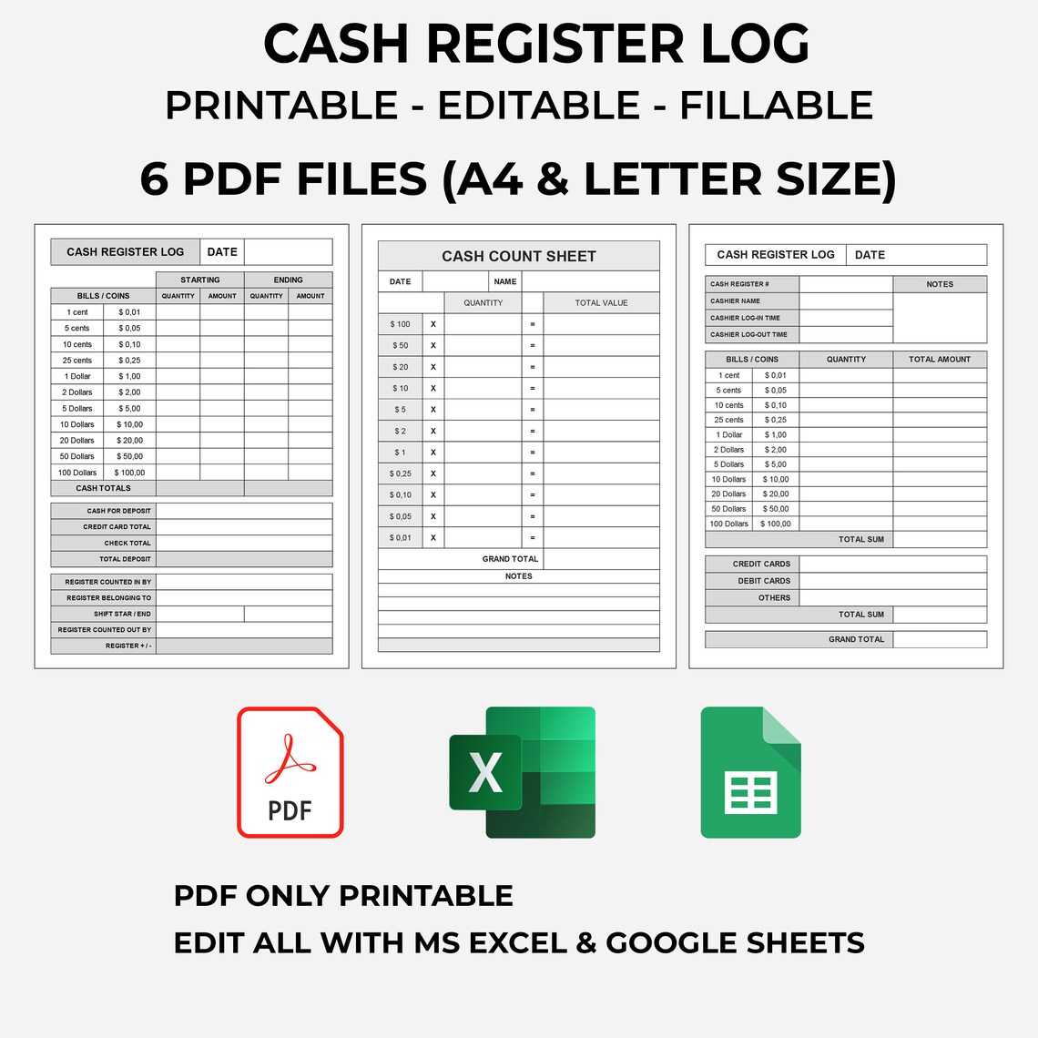 Cash Register Log, Cash Registry, Cash Log, Petty Cash, Money Log ...