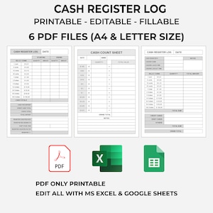 Cash Register Log, Cash Registry, Cash Log, Petty Cash, Money Log ...