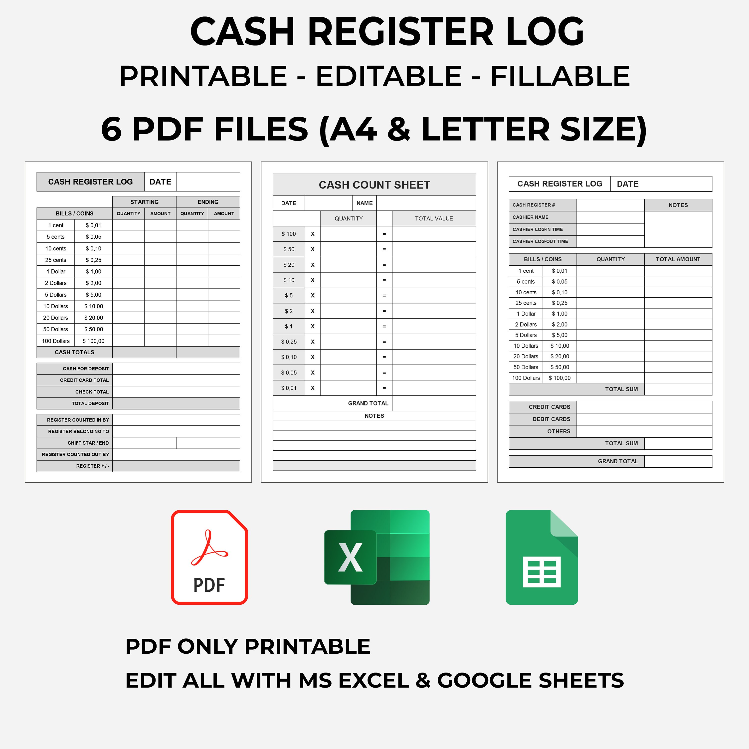 Cash Register Log, Cash Registry, Cash Log, Petty Cash, Money Log ...