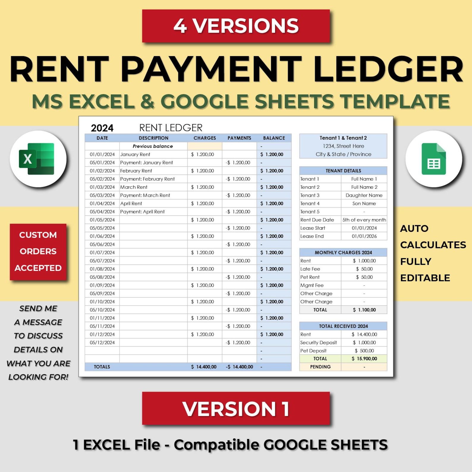 Rent Payment Ledger Template Landlord Rental Spreadsheet. Monthly Rent ...