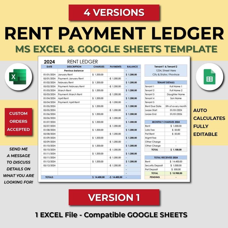 Rent Payment Ledger Template Landlord Rental Spreadsheet. Monthly Rent ...