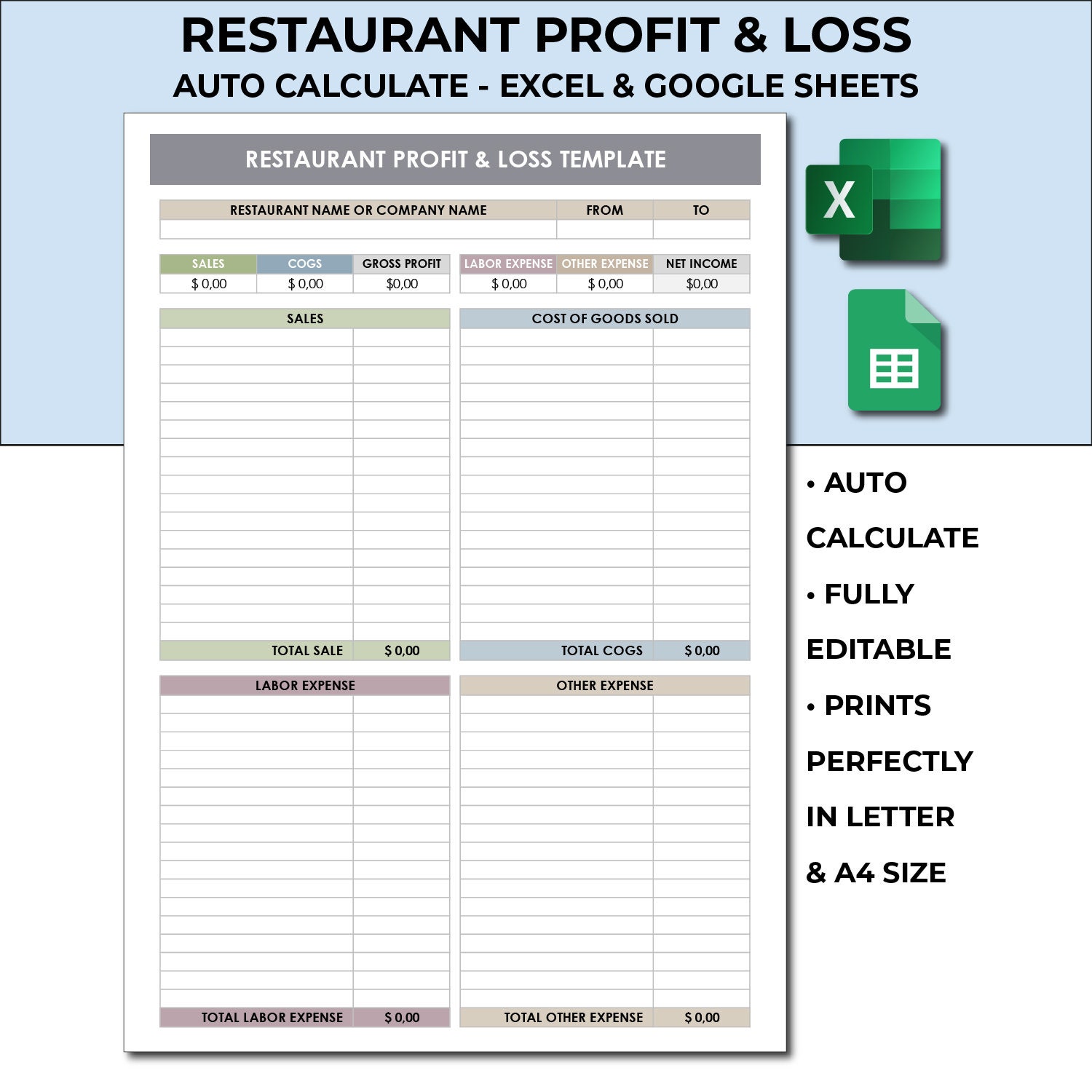 Restaurant Profit & Loss Spreadsheet Template. Restaurant Financial ...