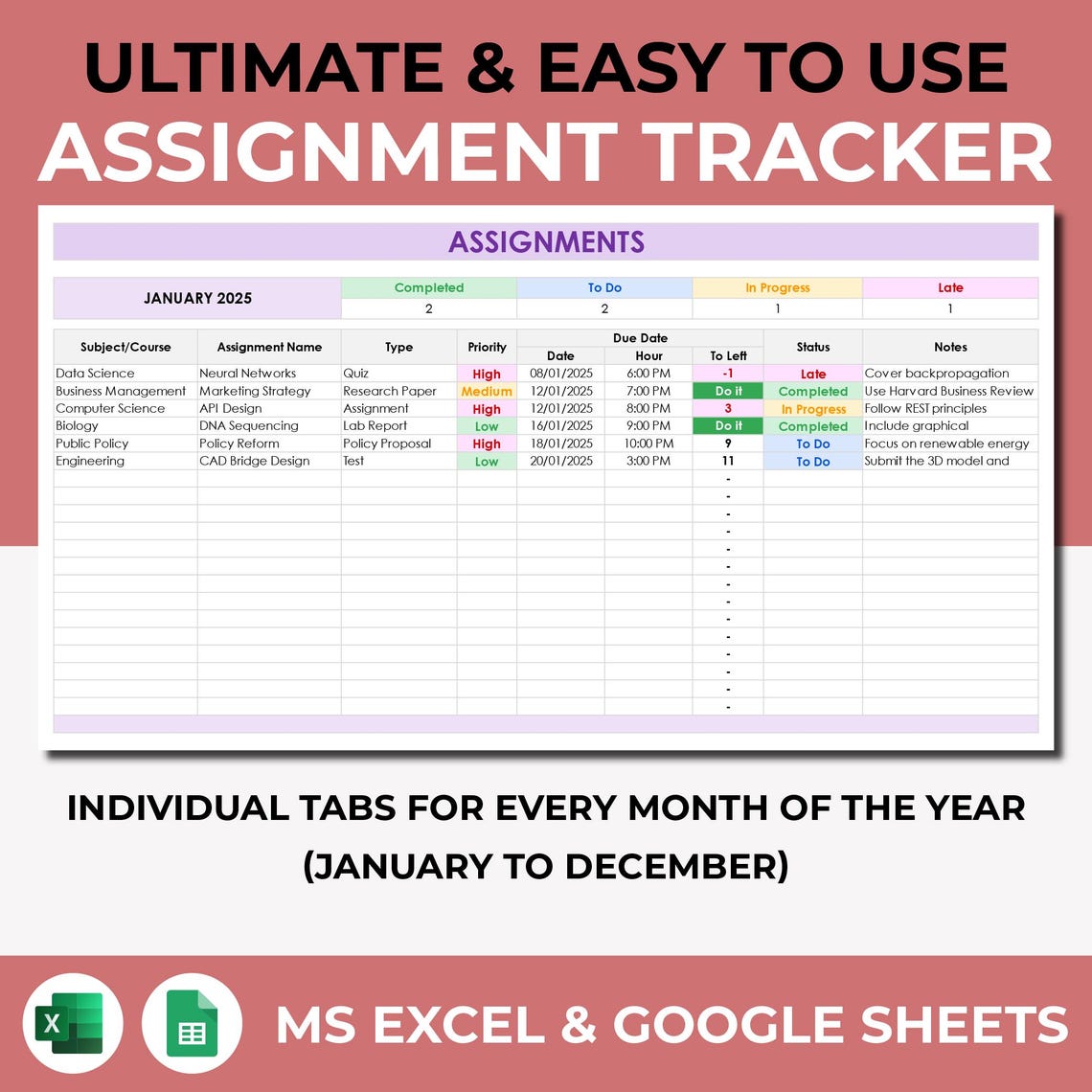 Google Sheets Study Tracker Template, Excel Student Assignment Tracker ...