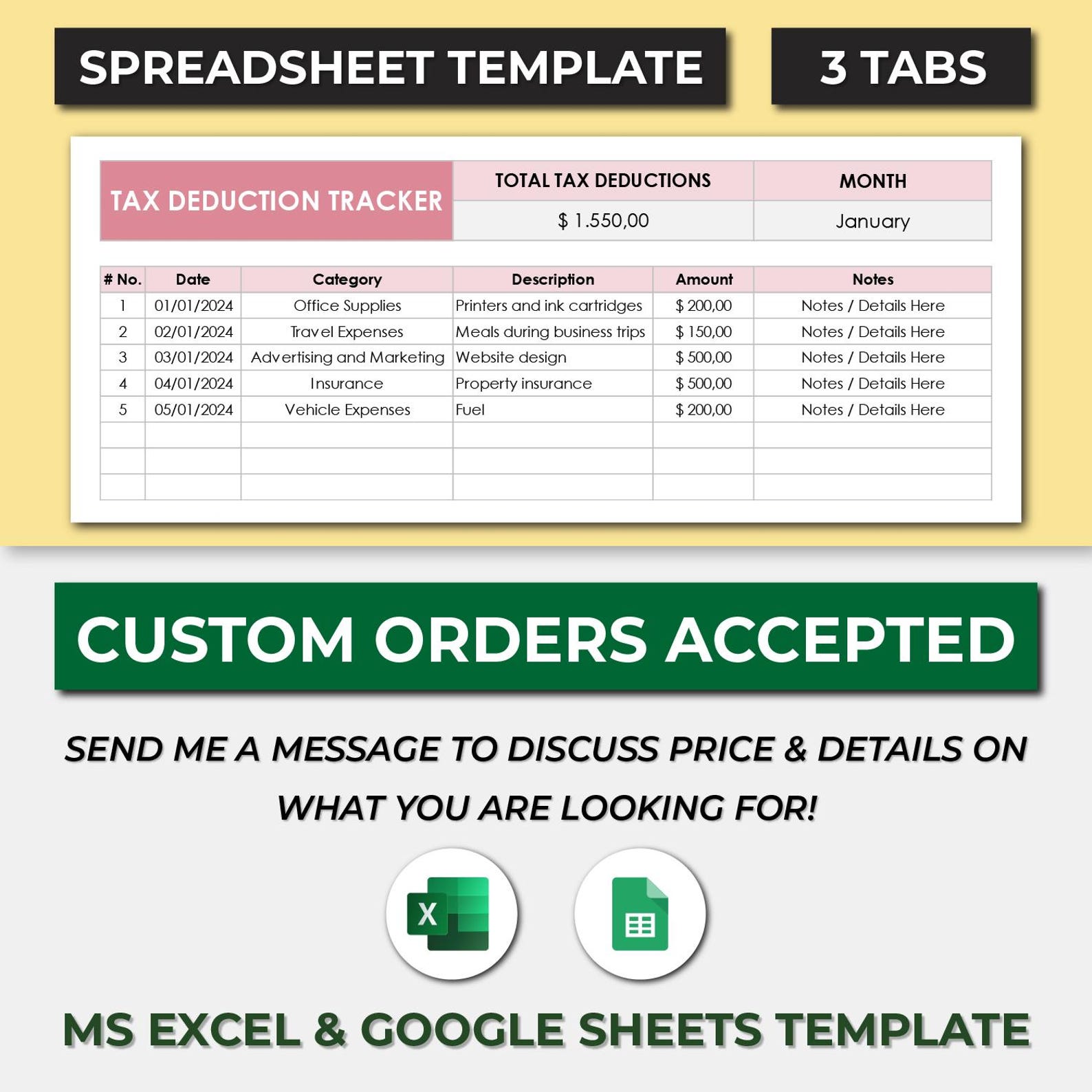 Tax Deduction Tracker Spreadsheet Template. Small Business Tax ...