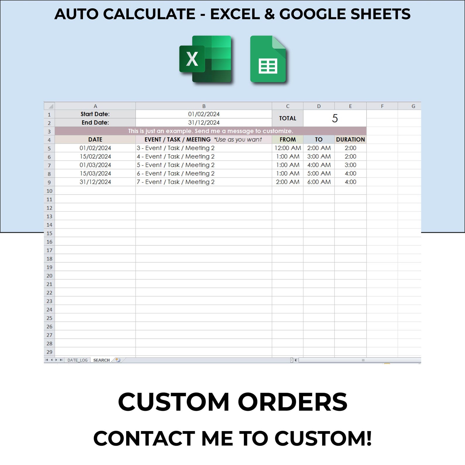 Search by Dates Spreadsheet Template. Excel & Google Sheets. Event Date ...