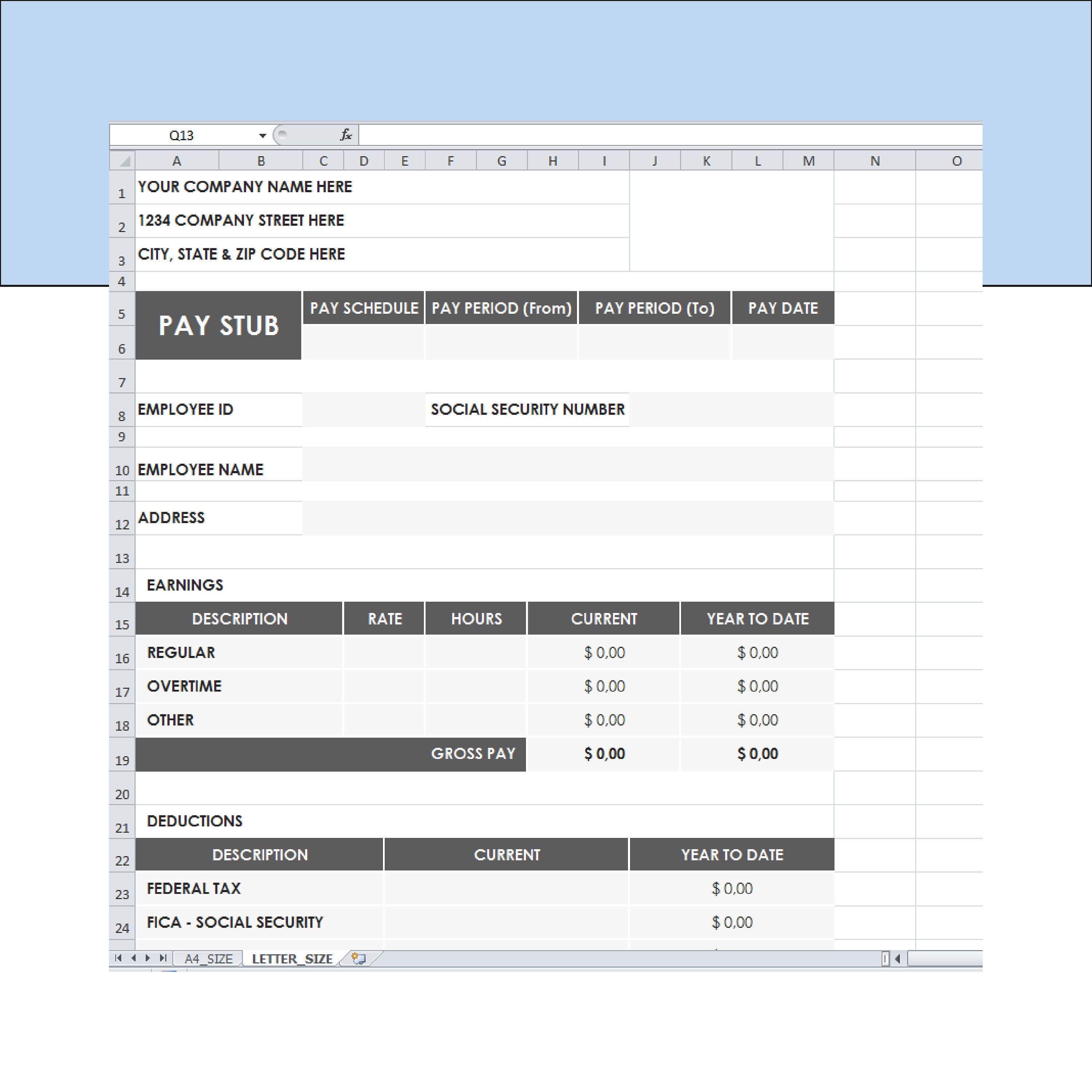 Pay Stub Spreadsheet Template. Earnings Statement Template. Excel ...