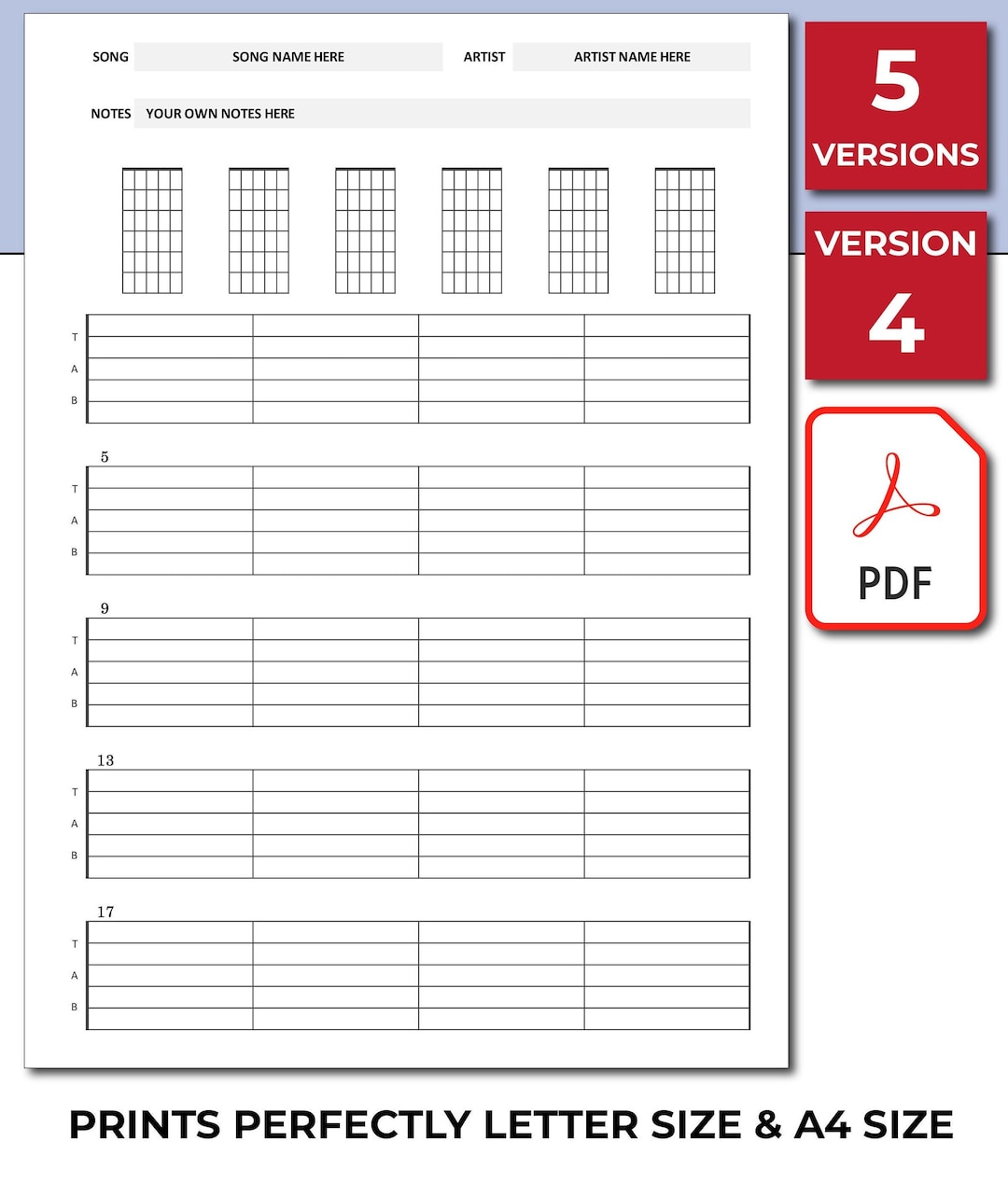 Printable Guitar Tabs and Chord Worksheets. Blank Guitar Tab Paper for ...