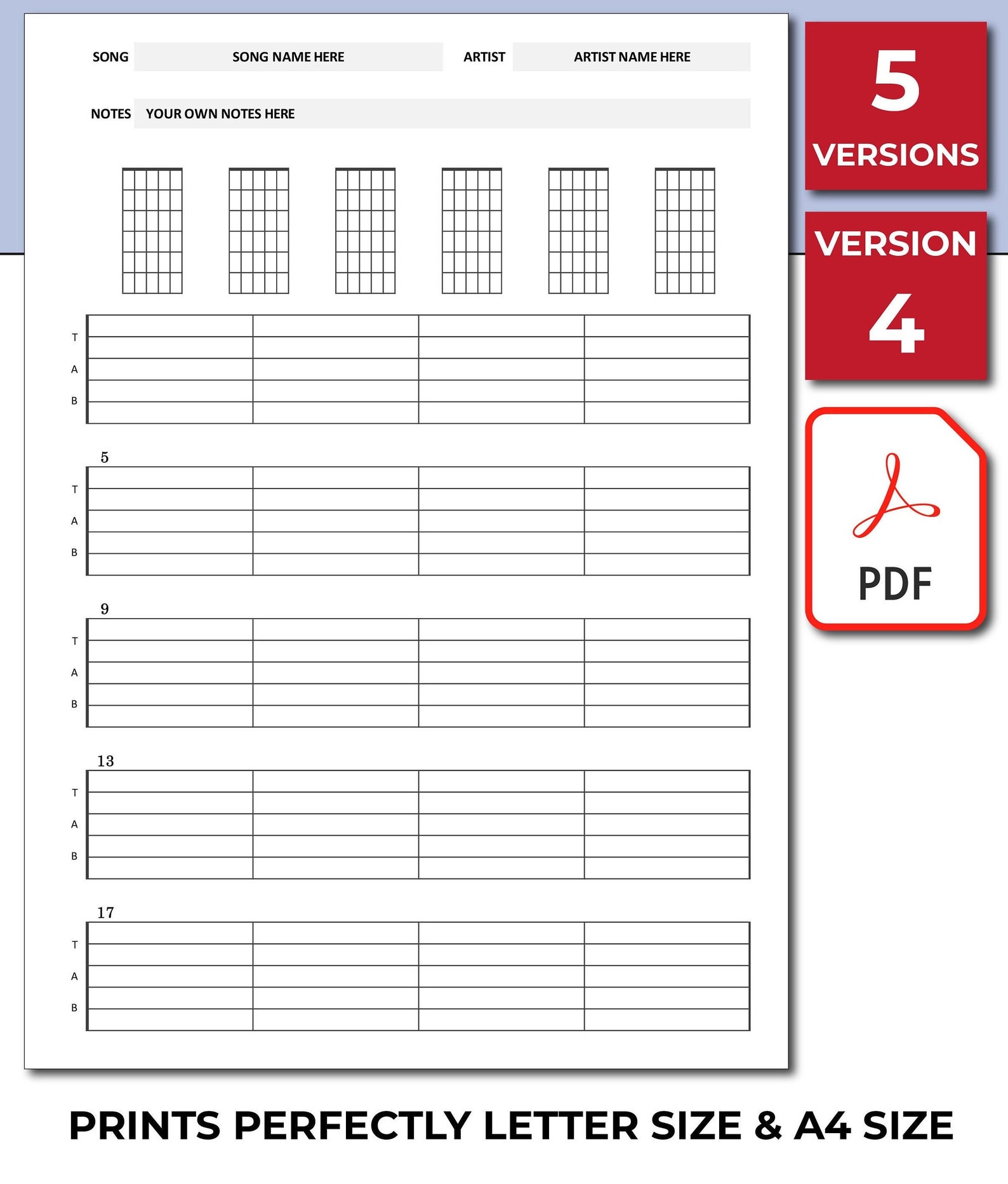 Printable Guitar Tabs and Chord Worksheets. Blank Guitar Tab Paper for ...