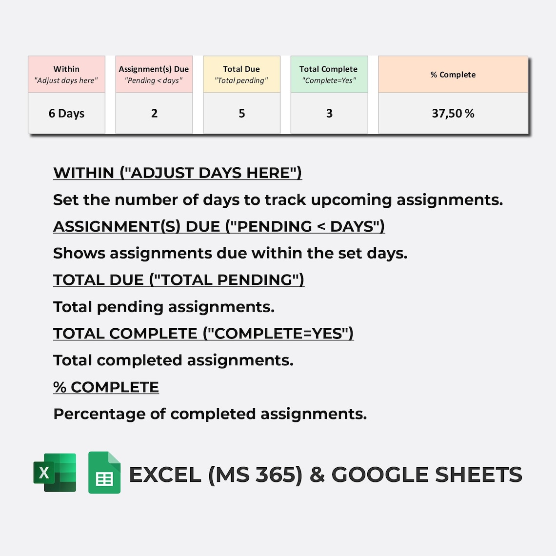 Assignment Tracker, School Spreadsheet, Excel 365 Google Sheets, Homework Tracker, Class Tracker ...