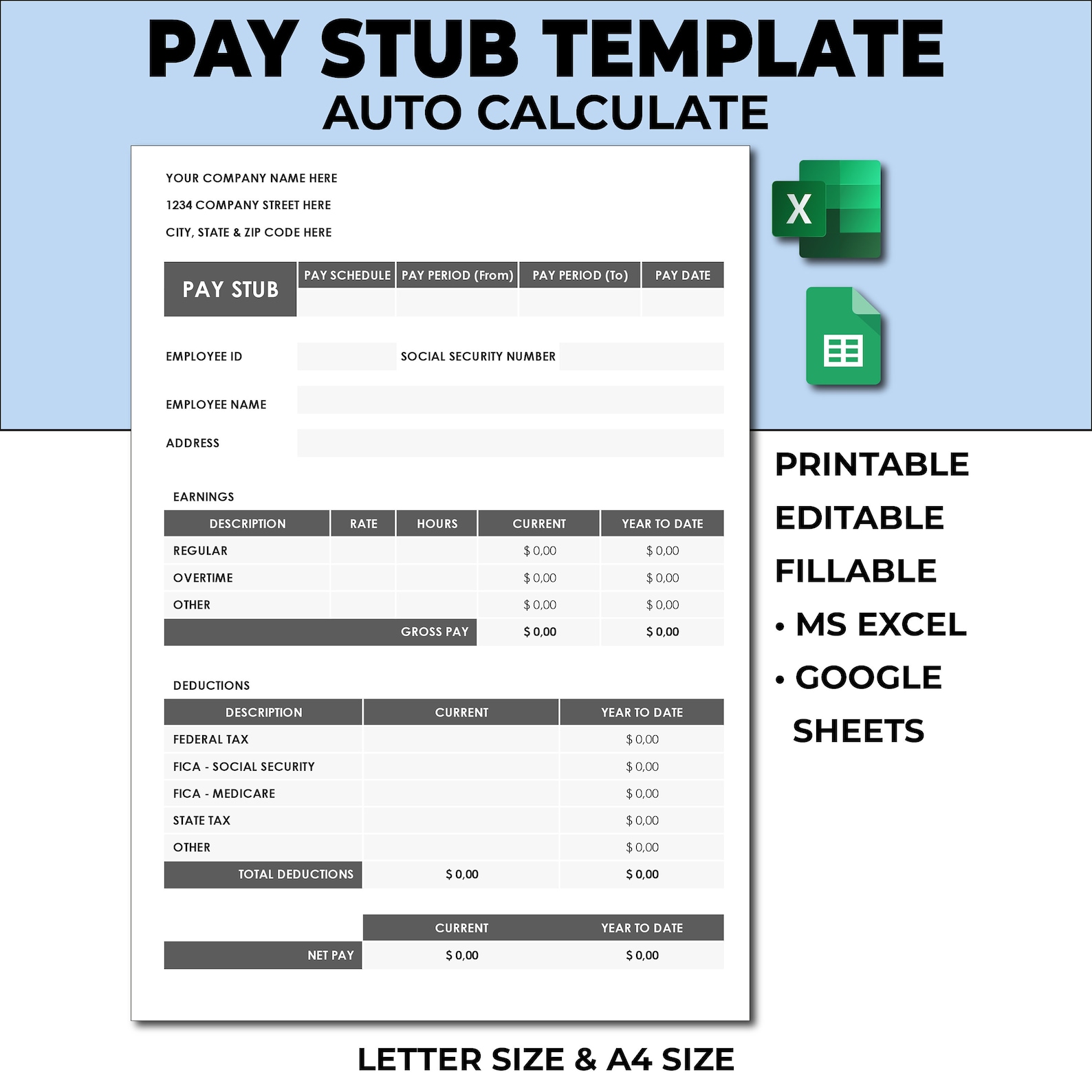 Pay Stub Spreadsheet Template. Earnings Statement Template. Excel ...