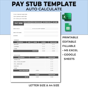 Pay Stub Spreadsheet Template. Earnings Statement Template. Excel ...