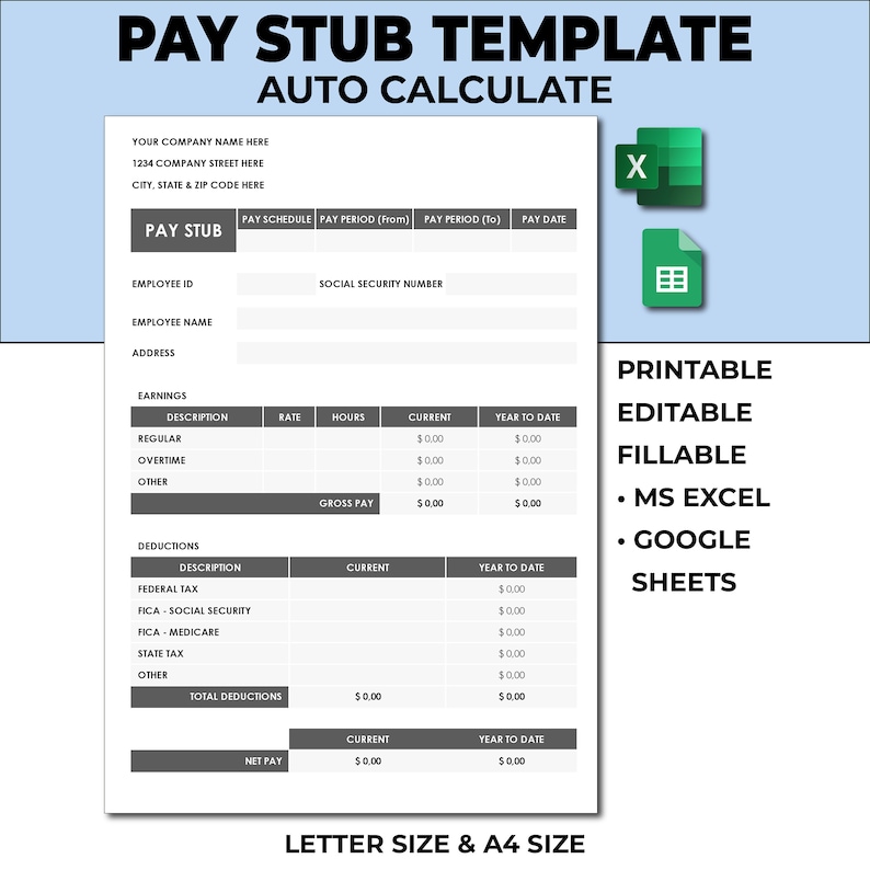 Pay Stub Spreadsheet Template. Earnings Statement Template. Excel ...