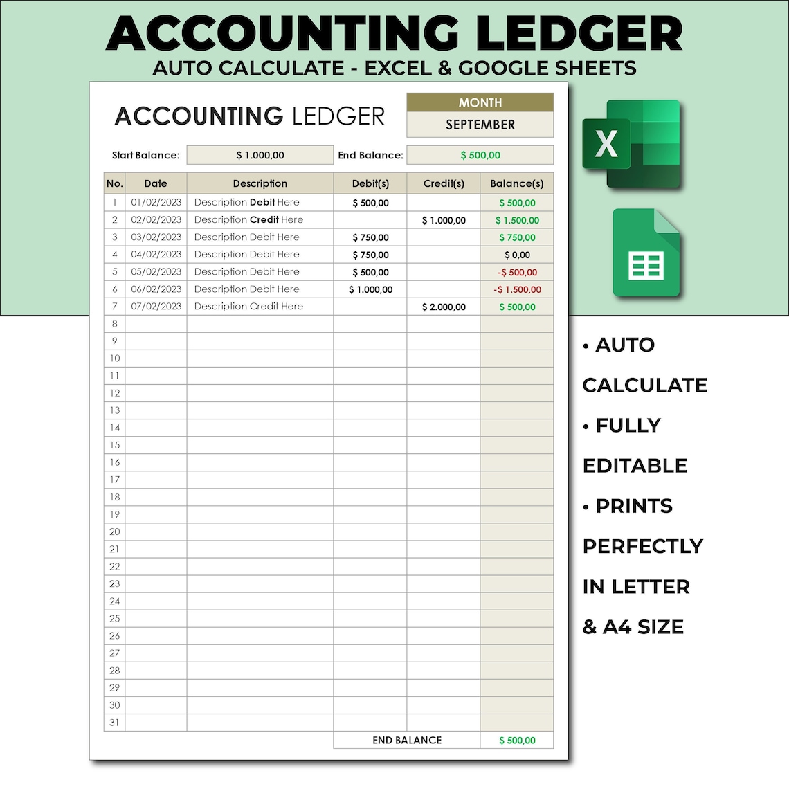 EXCEL Spreadsheet Template: Printable Accounting, Expense Tracker ...