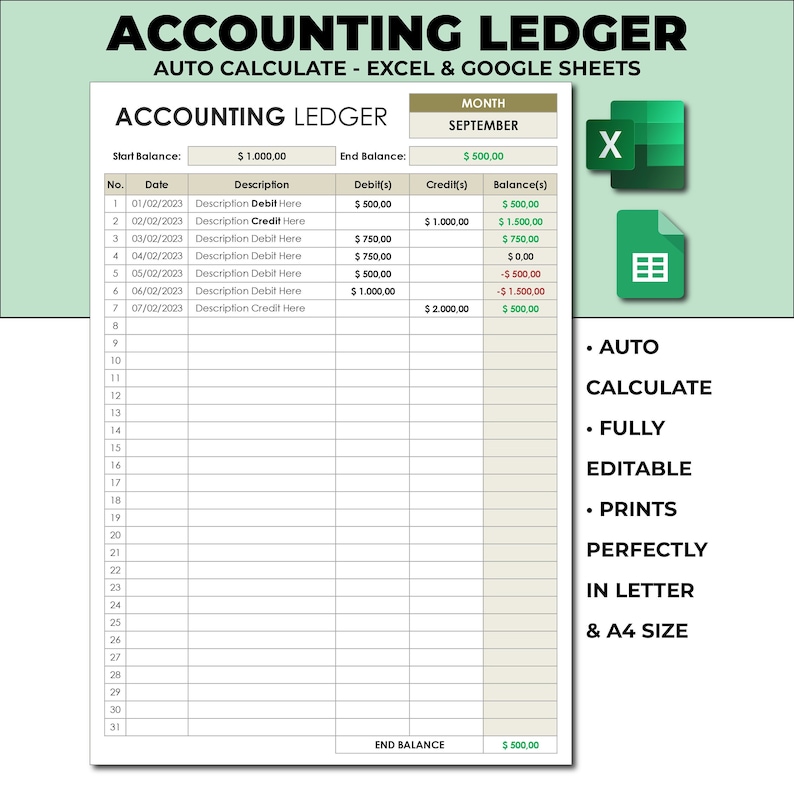 EXCEL Spreadsheet Template: Printable Accounting, Expense Tracker, Business Ledger, Printable ...