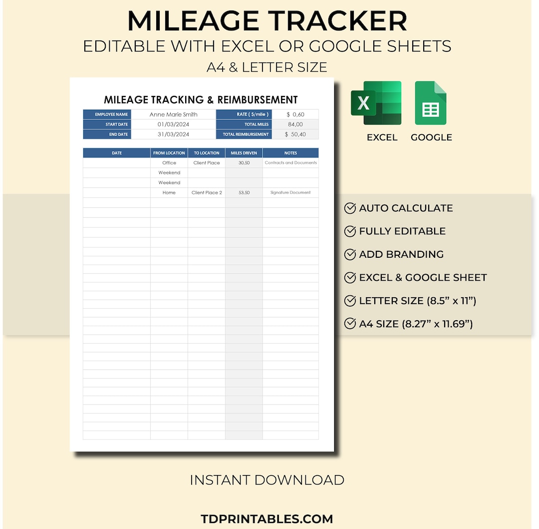 Mileage Tracking and Reimbursement Log Excel Spreadsheet, Mileage Log ...