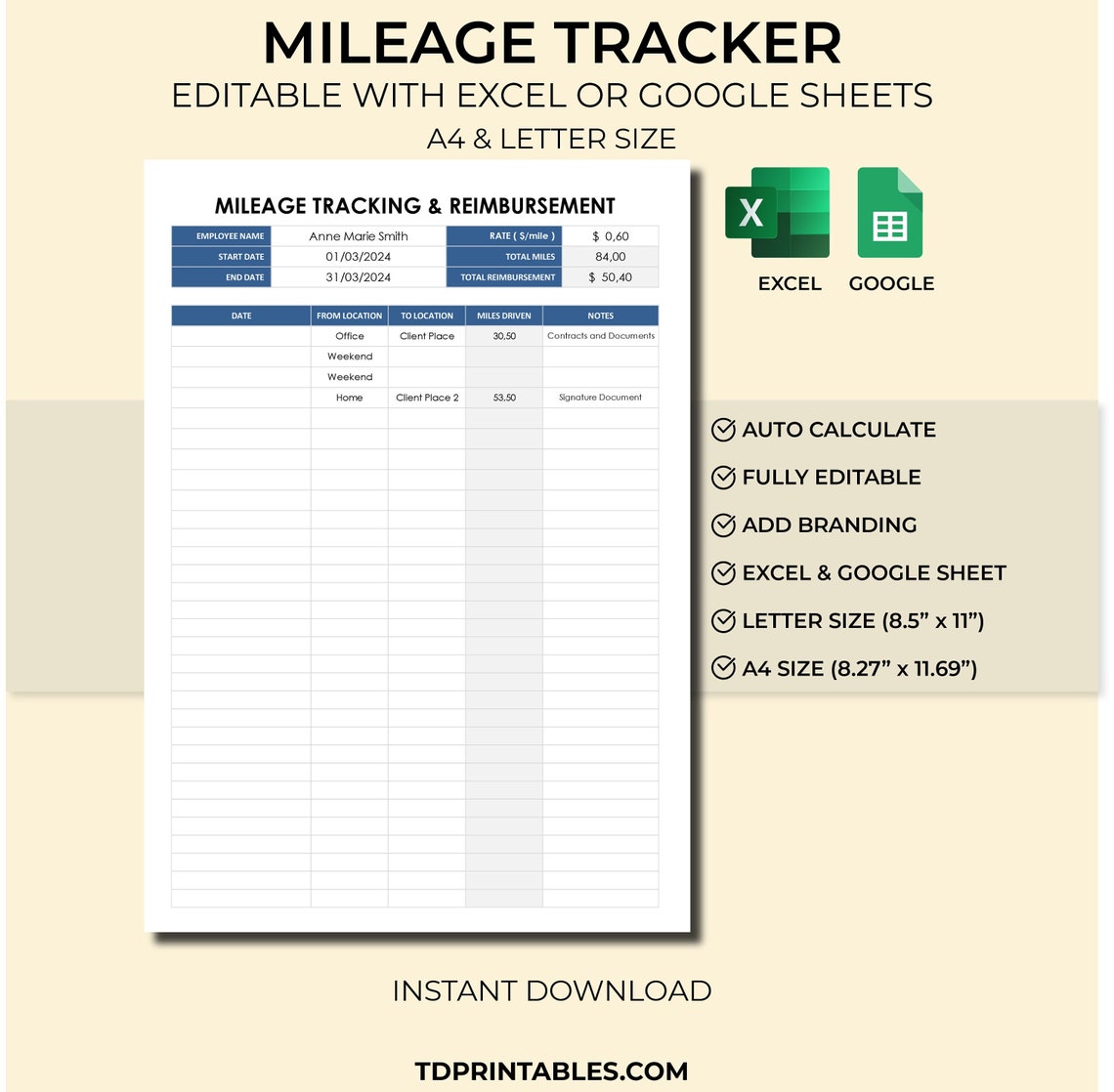 Mileage Tracking and Reimbursement Log Excel Spreadsheet, Mileage Log ...