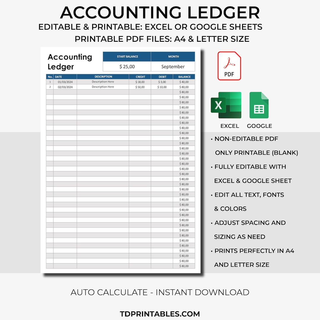 Accounting Ledger, Editable Excel & Google Sheets, Printable PDF ...