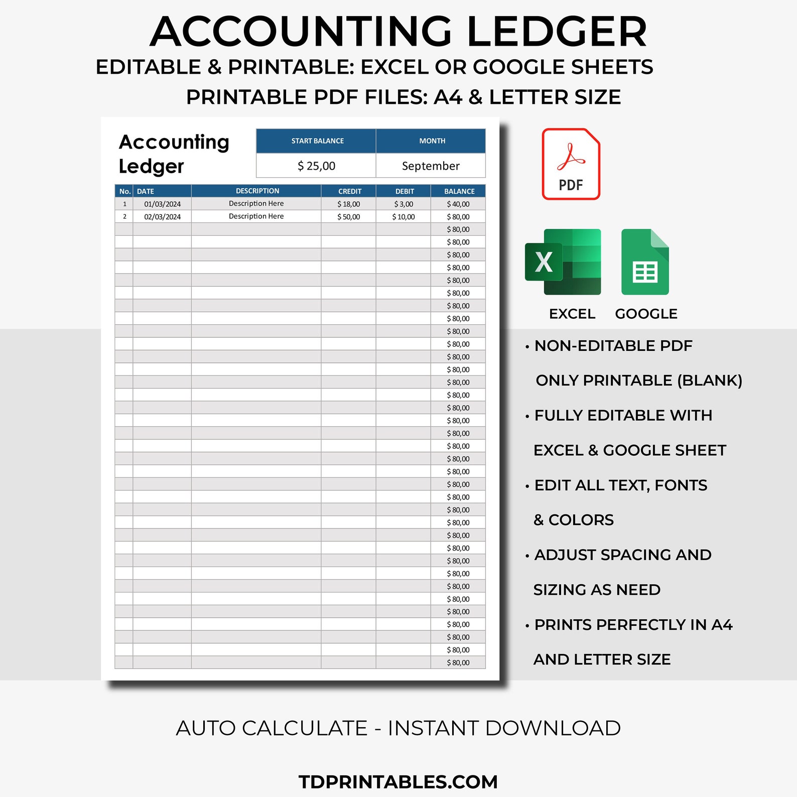 Accounting Ledger, Editable Excel & Google Sheets, Printable PDF ...