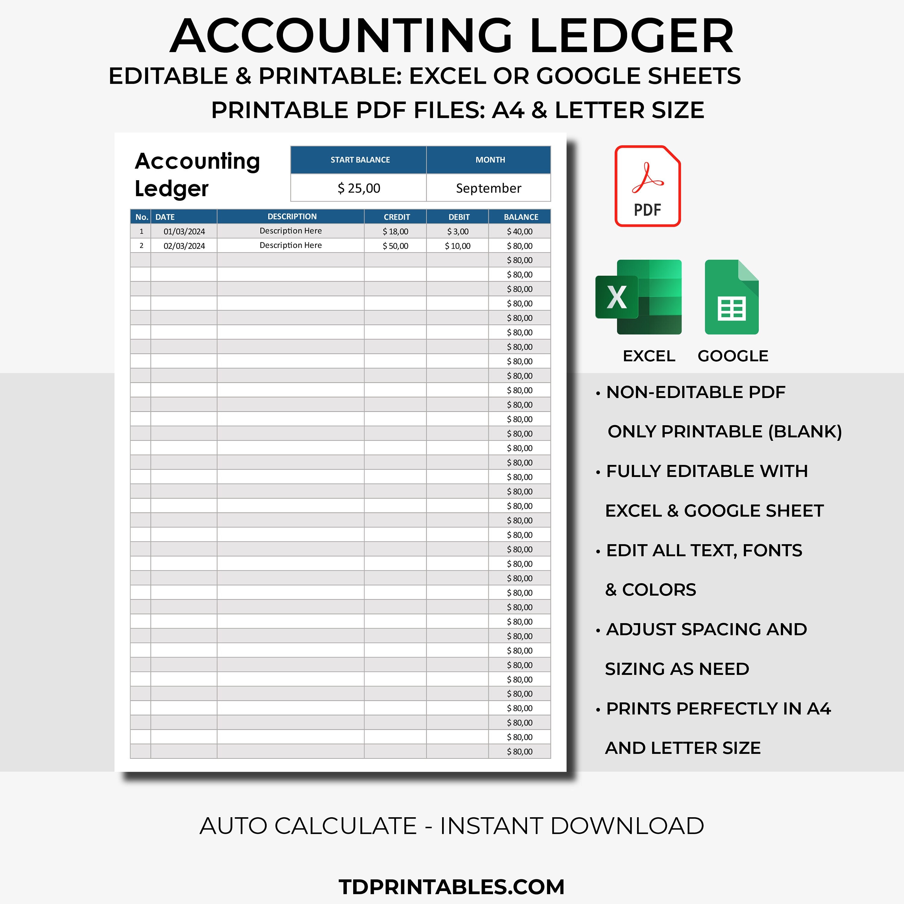 Accounting Ledger, Editable Excel & Google Sheets, Printable PDF ...