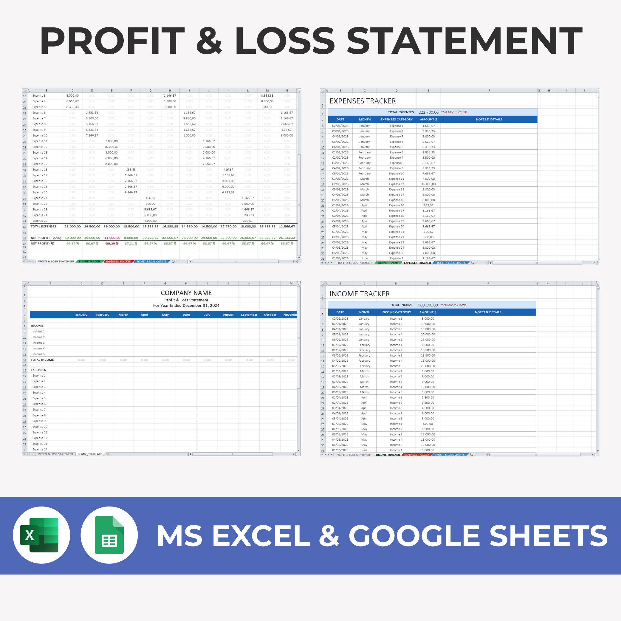 Monthly Profit & Loss Statement Template - Excel Google Sheets Template ...