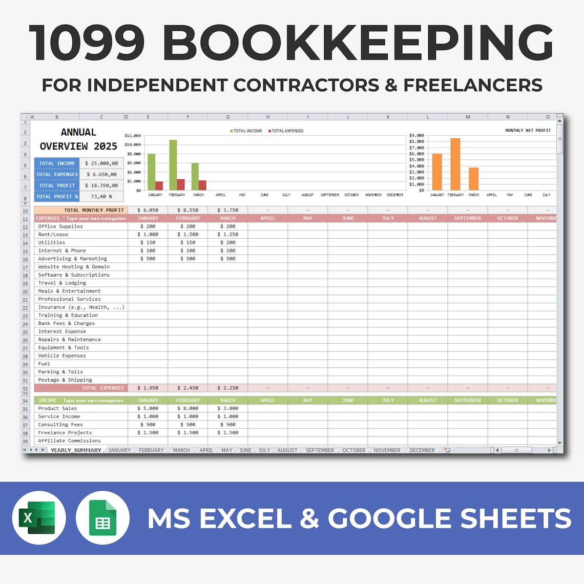 1099 Bookkeeping Spreadsheet, Excel & Google Sheet, Finance Spreadsheet ...
