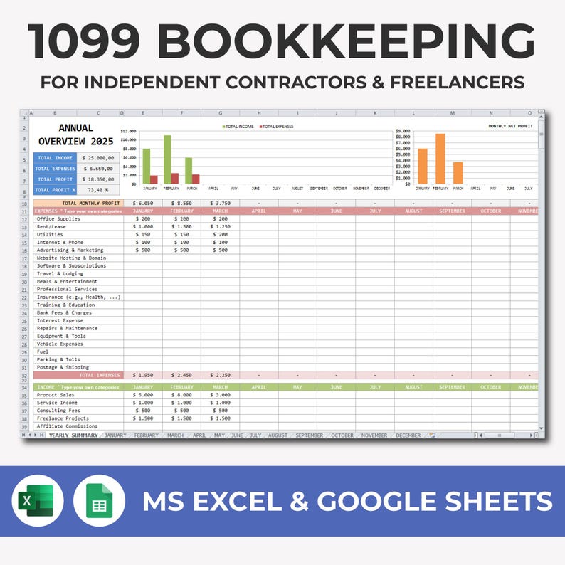 1099 Bookkeeping Spreadsheet, Excel & Google Sheet, Finance Spreadsheet,income Expense Tracker ...