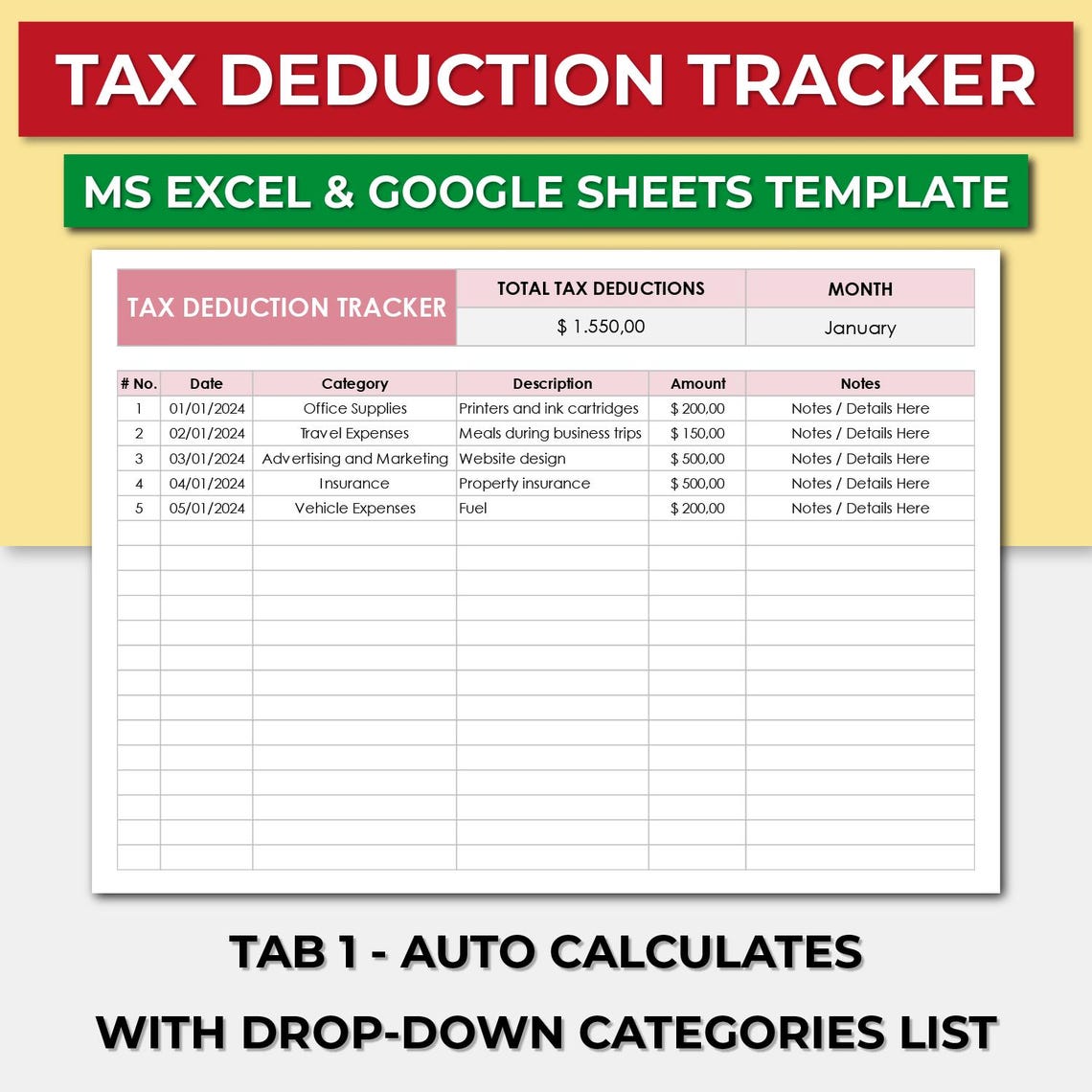 Tax Deduction Tracker Spreadsheet Template. Small Business Tax ...