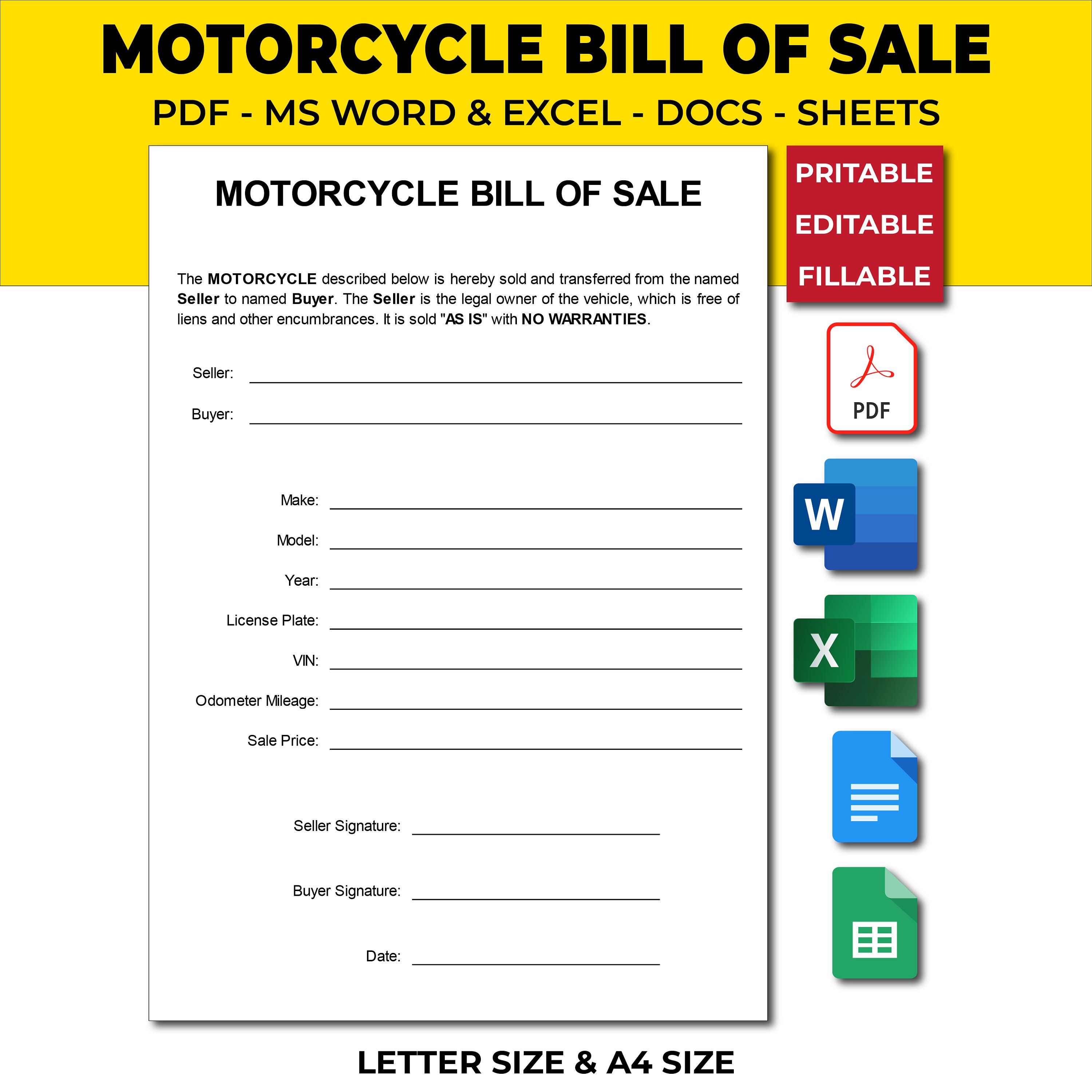 Motorcycle Bill of Sale, Motorcycle Purchase Agreement, Motorcycle Sale ...