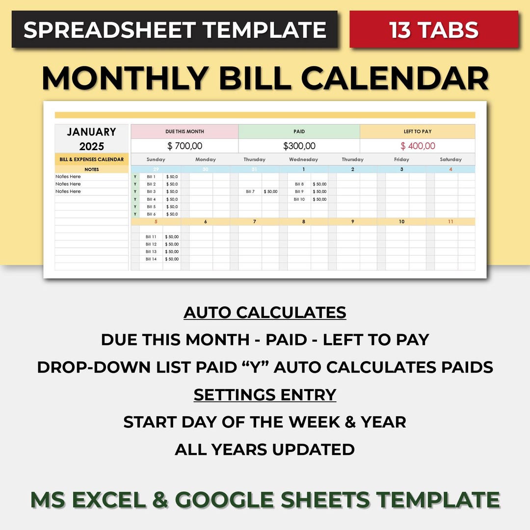 Billing & Payment Organizer. Household Bill Calendar. Monthly Bills ...