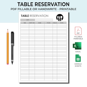 Printable Reservation Form, Restaurant Reservation Sheet, Printable ...