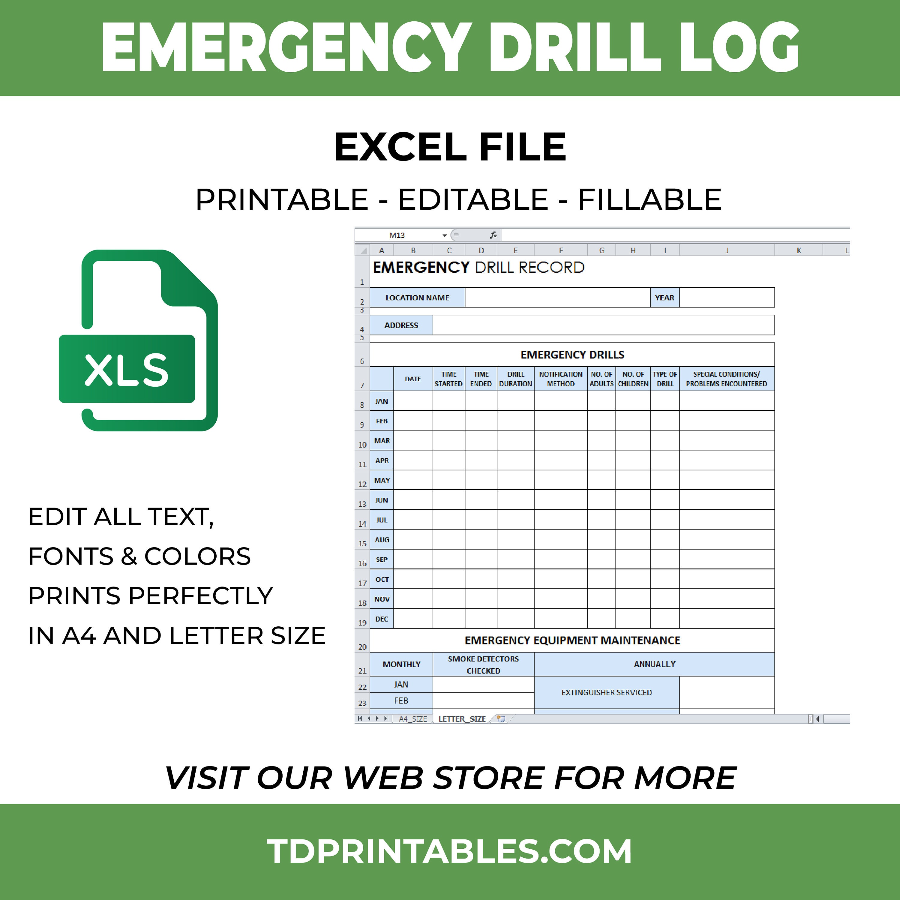 Printable Emergency Evacuation Log. Emergency Drill Record. Fire Drill ...