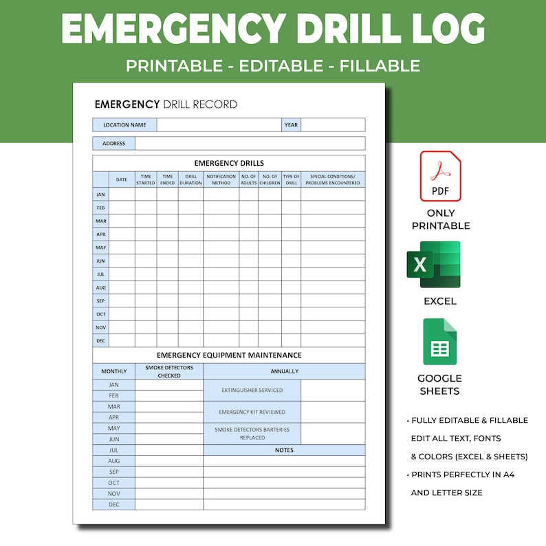 Printable Emergency Evacuation Log. Emergency Drill Record. Fire Drill ...