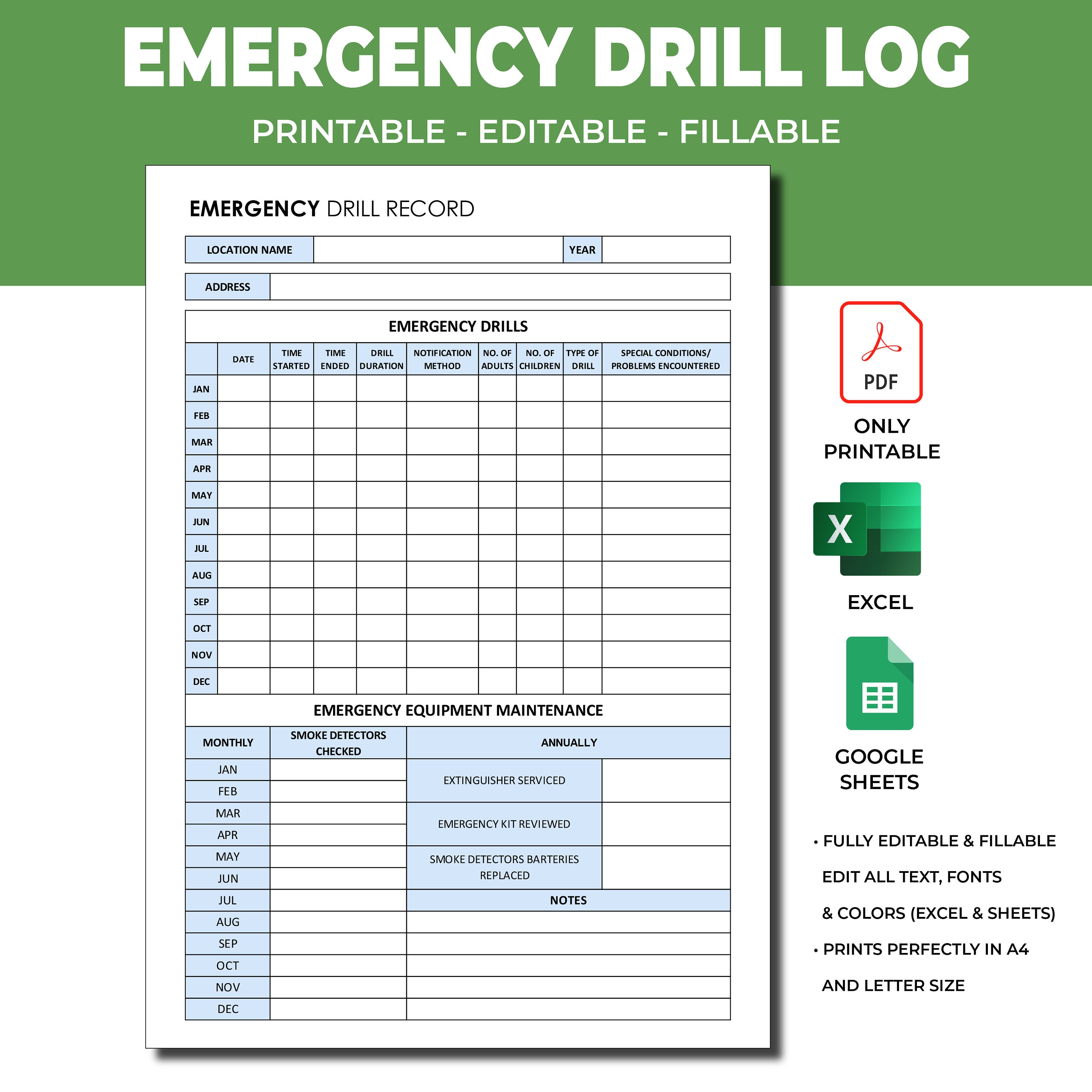 Printable Emergency Evacuation Log. Emergency Drill Record. Fire Drill ...
