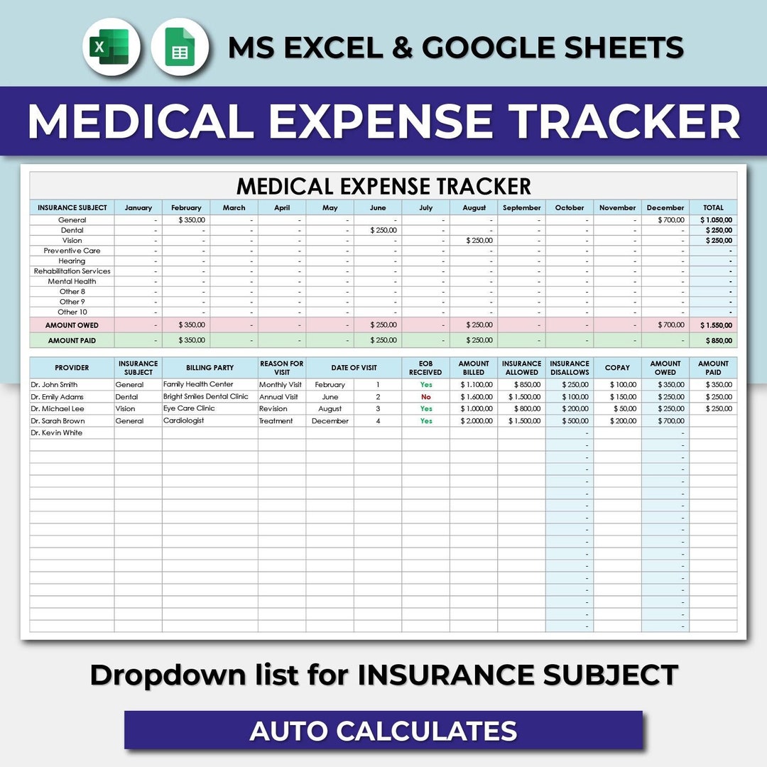 Medical Expense Tracker Spreadsheet Template. Healthcare Monthly Budget ...