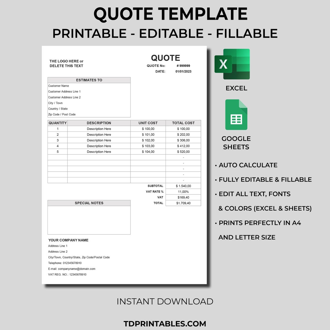 Quote Template. Simple Quote. Estimates Template. Quotation Form. Excel ...