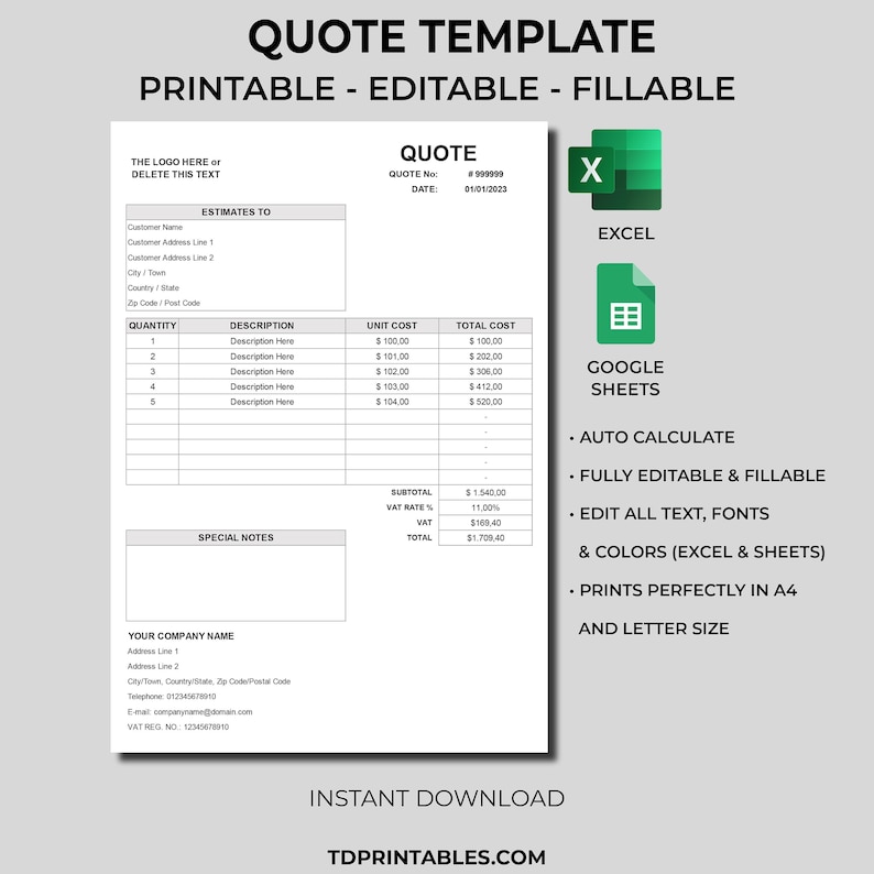 Quote Template. Simple Quote. Estimates Template. Quotation Form. Excel ...