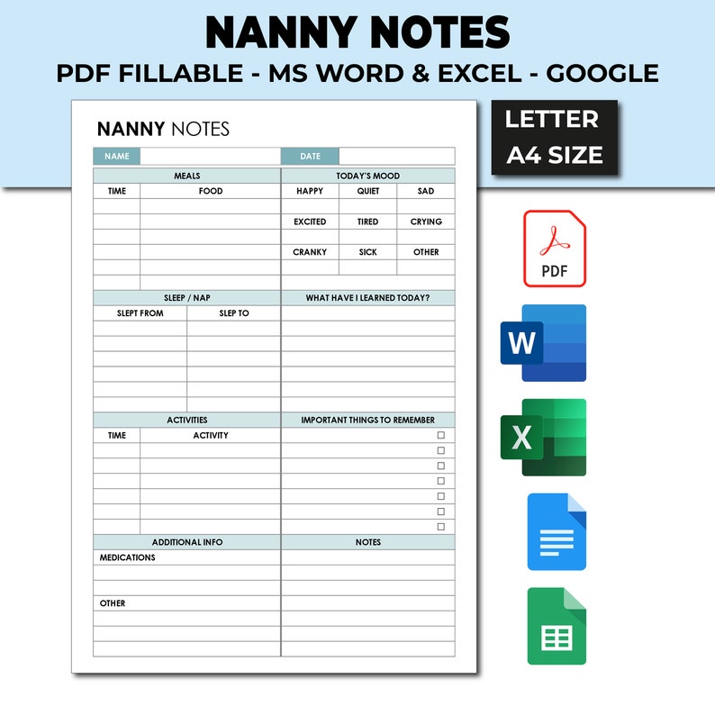 Nanny Notes Template, Nanny Report, Nanny Log Printable, Babysitter ...
