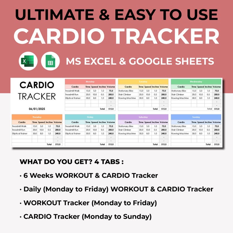 Workout & Cardio Program Tracker Spreadsheet for Excel Google Sheets ...
