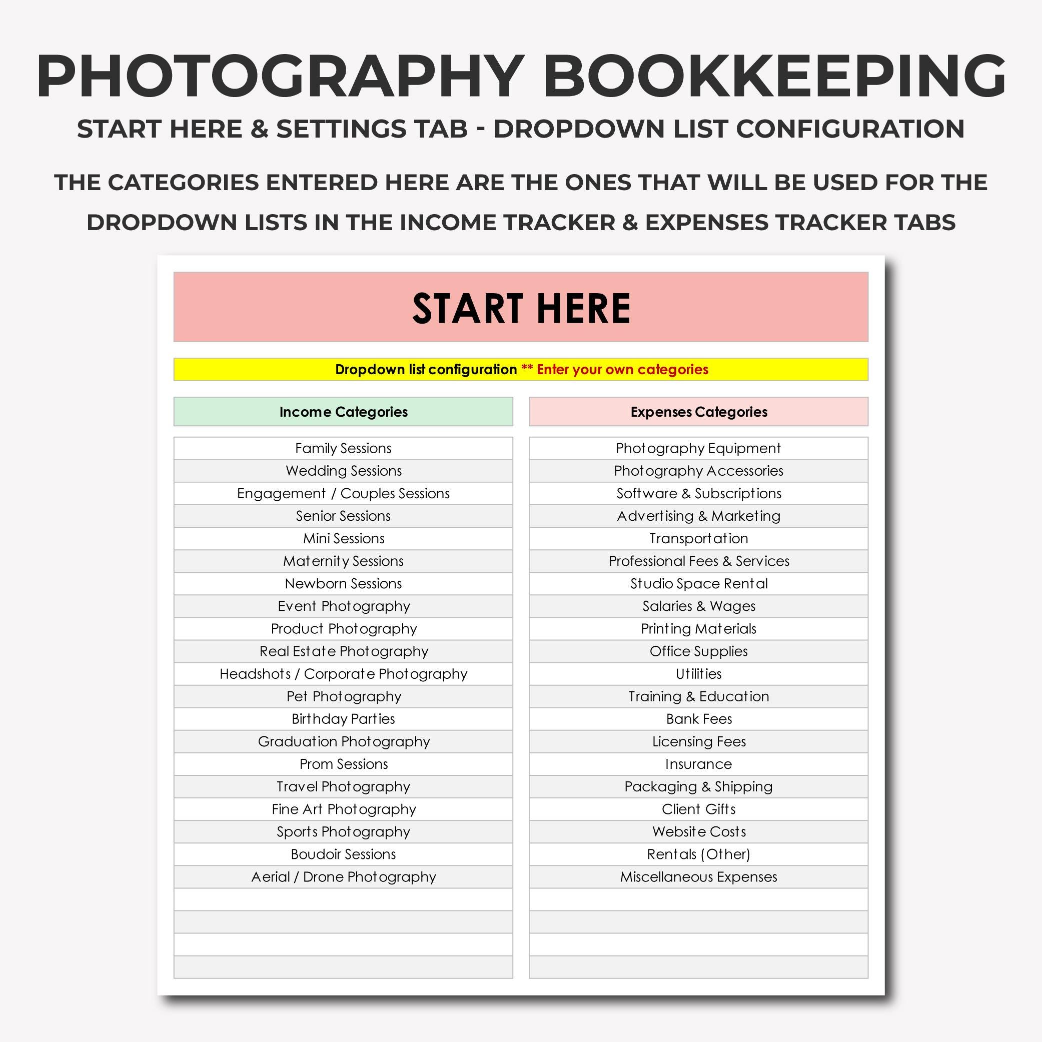 Photography Bookkeeping Spreadsheet | Photography Income & Expense ...