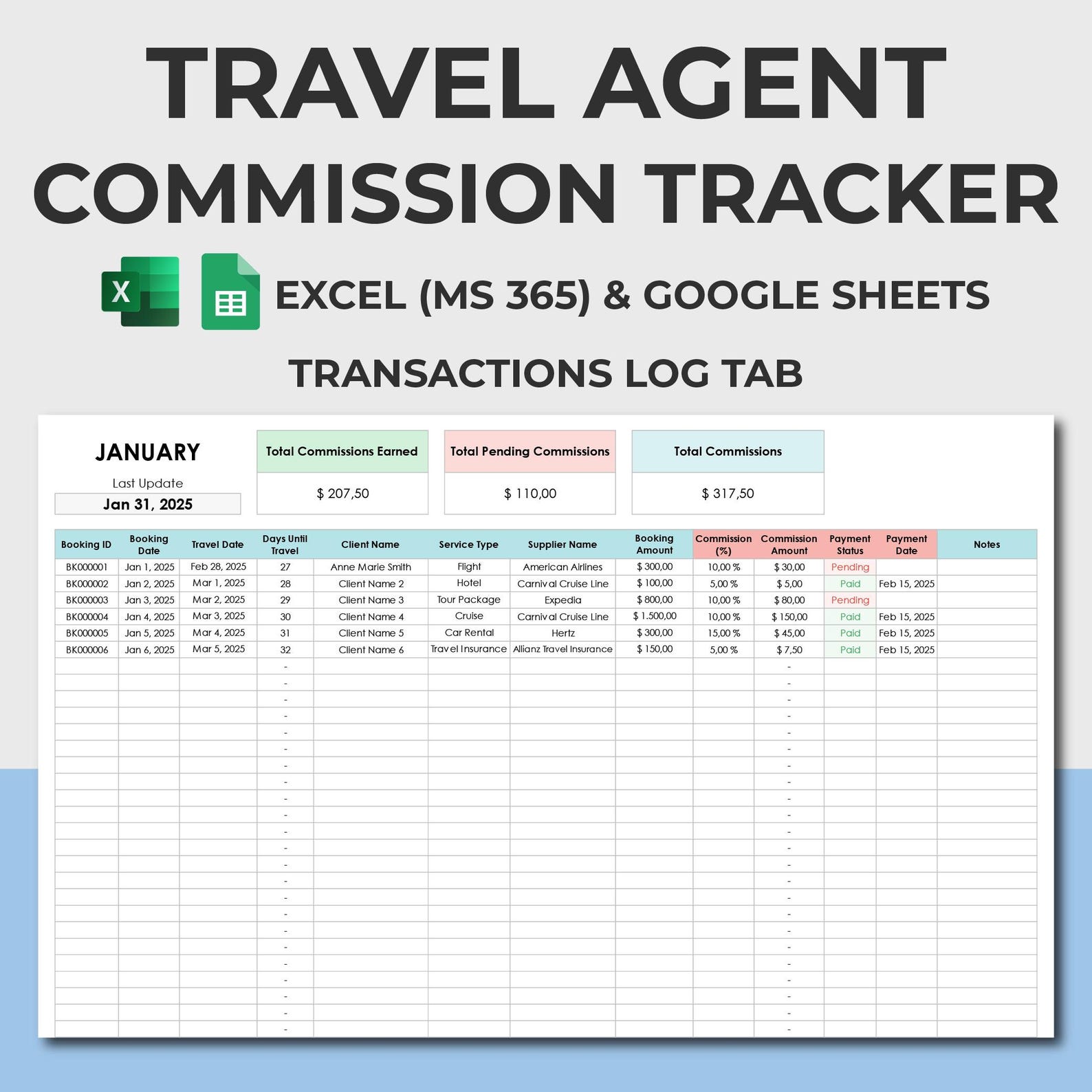 Travel Agent Commission Tracking Spreadsheet Template | Excel 365 ...